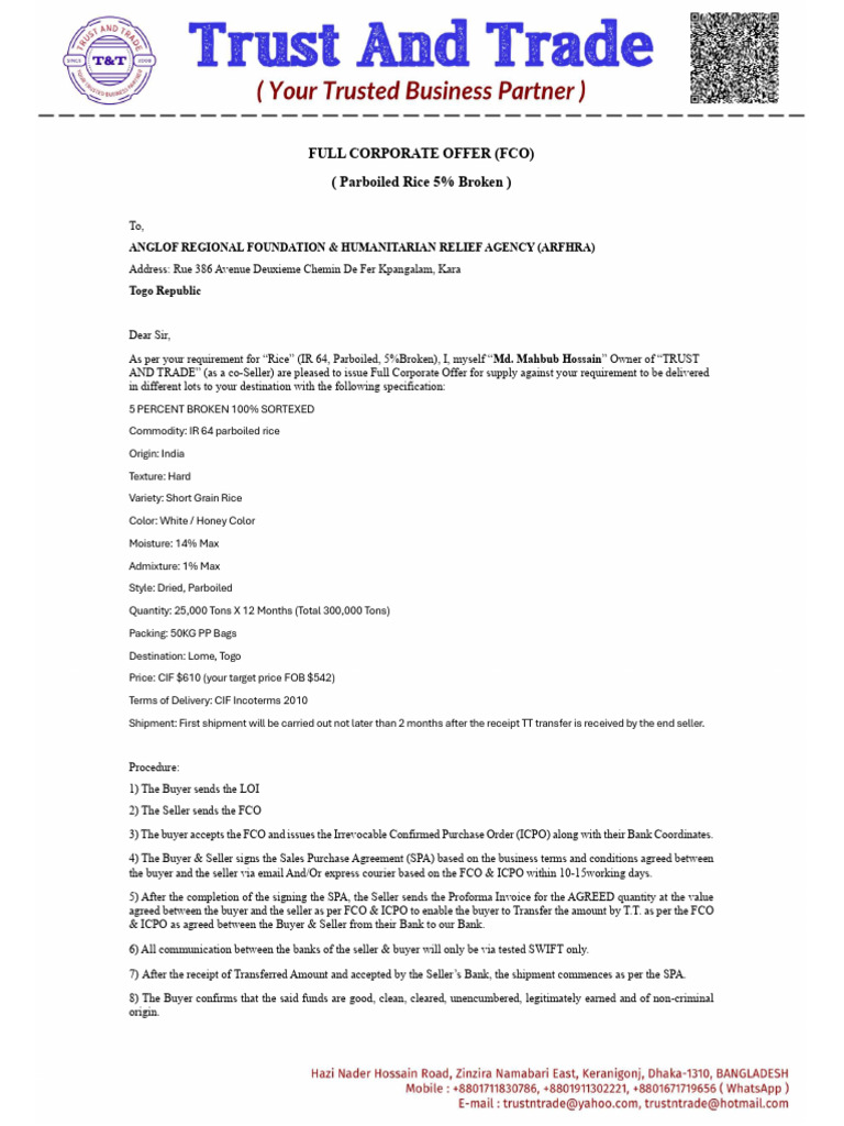 Full Corporate Offer for Parboiled Rice | PDF | Business