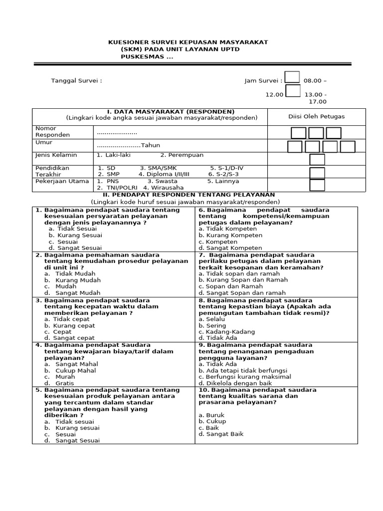 Format Kuesioner Survei Kepuasan Masyarakat SKM | PDF
