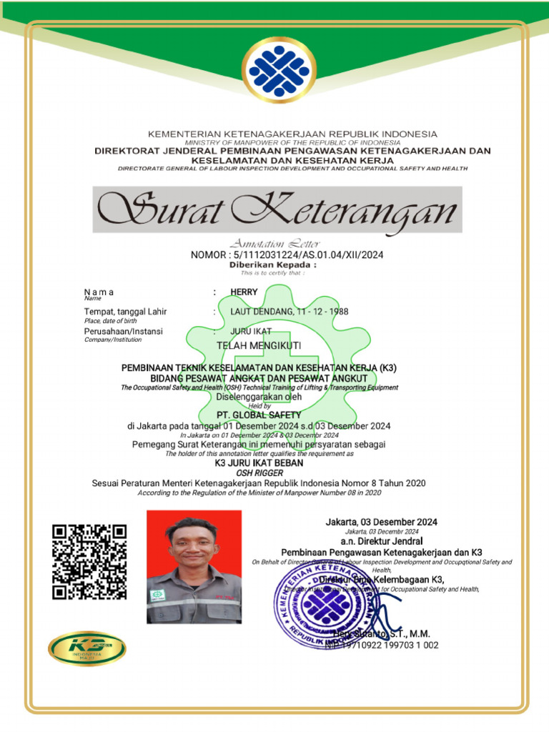 sertifikat sio herry rigger | PDF