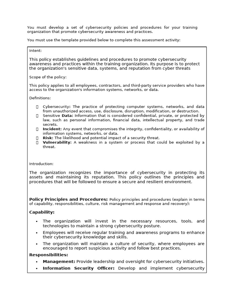 BSBXCS402 - Activity 1 - Cybersecurity Policies and Procedures Template ...