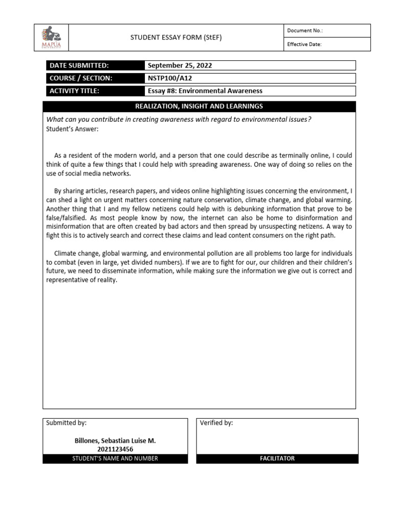 Environmental Awareness Essay Insights | PDF