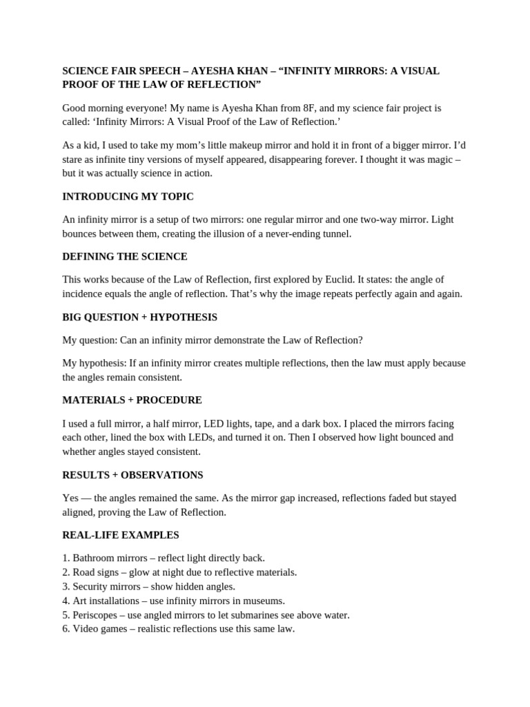 Infinity Mirrors: Reflection Science Project | PDF