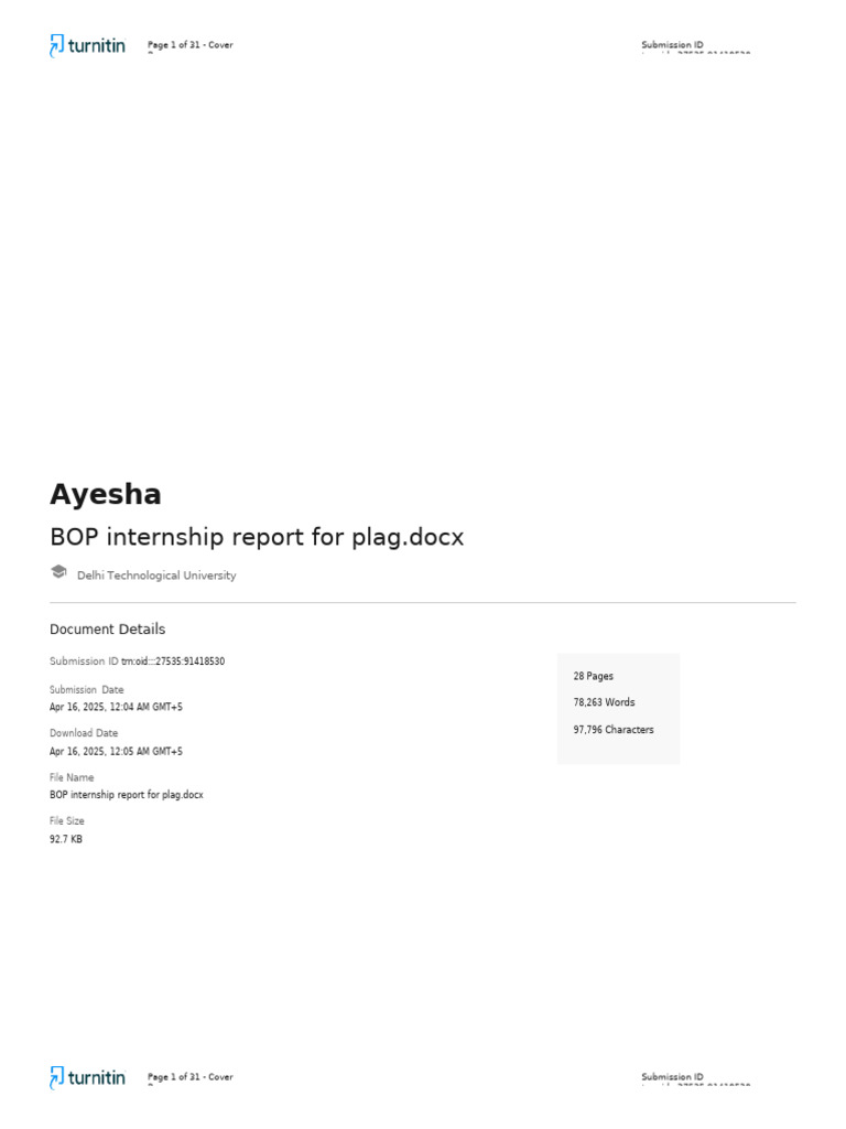 BOP Internship Report For Plag | PDF