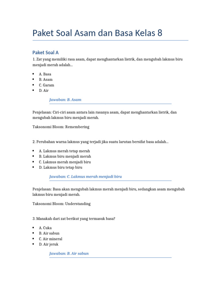 Paket Soal Asam Basa Kelas 8 | PDF