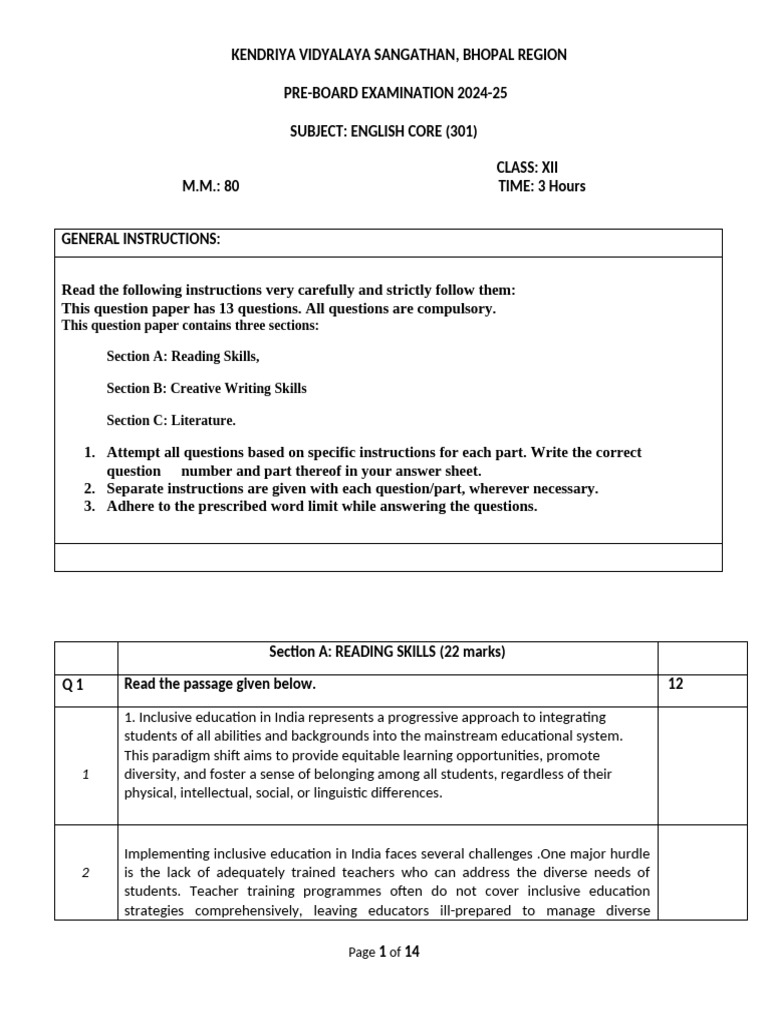 Xii Eng QP2 | PDF | Inclusion (Education) | Employment