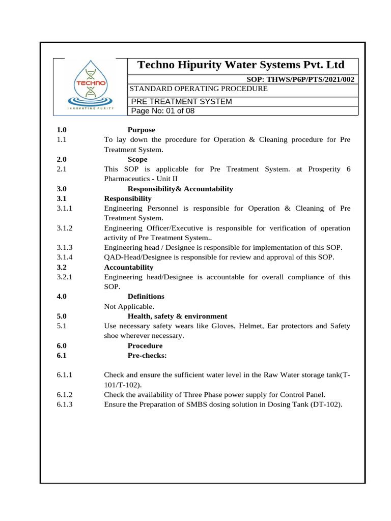 Pre Treatment System SOP for Water Systems | PDF | Pump | Valve