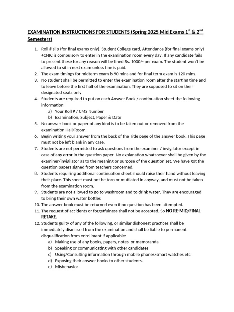 Spring 2025 Exam Instructions for Students | PDF