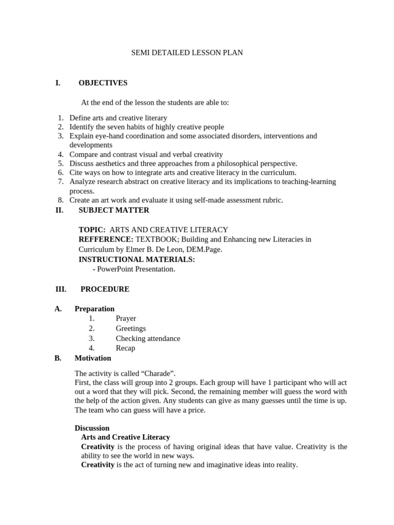 Semi Detailed Lesson Plan | PDF | Aesthetics | Creativity
