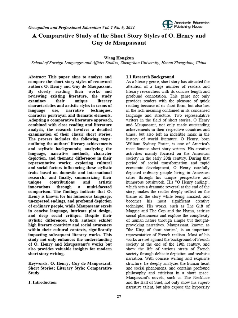A Comparative Study of The Short Story Styles of O. Henry Andguy de ...