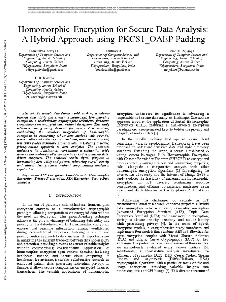 Homomorphic Encryption For Secure Data Analysis A Hybrid Approach Using Pkcs1 Oaep Padding Pdf