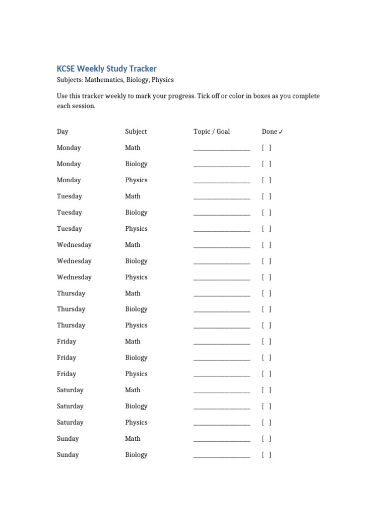 KCSE Study Tracker Template | PDF