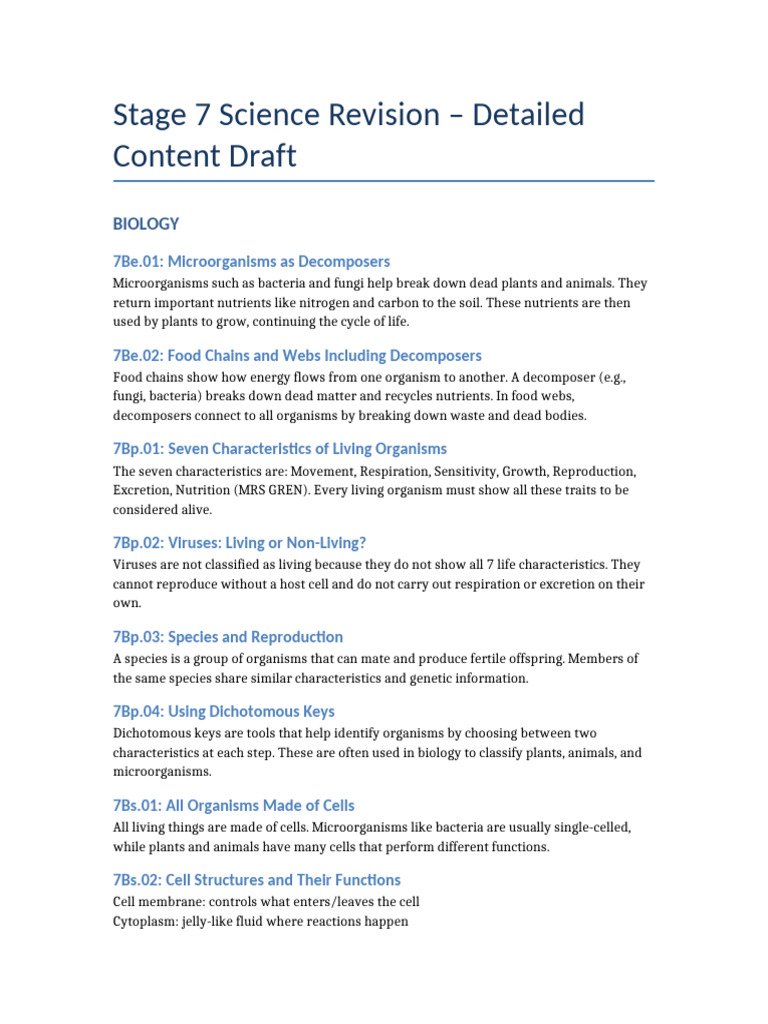 Stage7 Science Biology Revision Content | PDF | Cell (Biology) | Biology