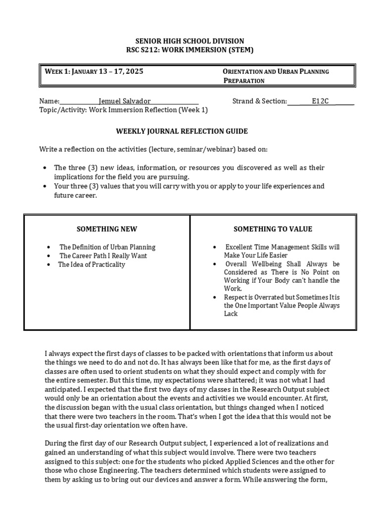 Week 1 - Salvador, Jemuel - Work Immersion Reflection (Week 1) | PDF ...