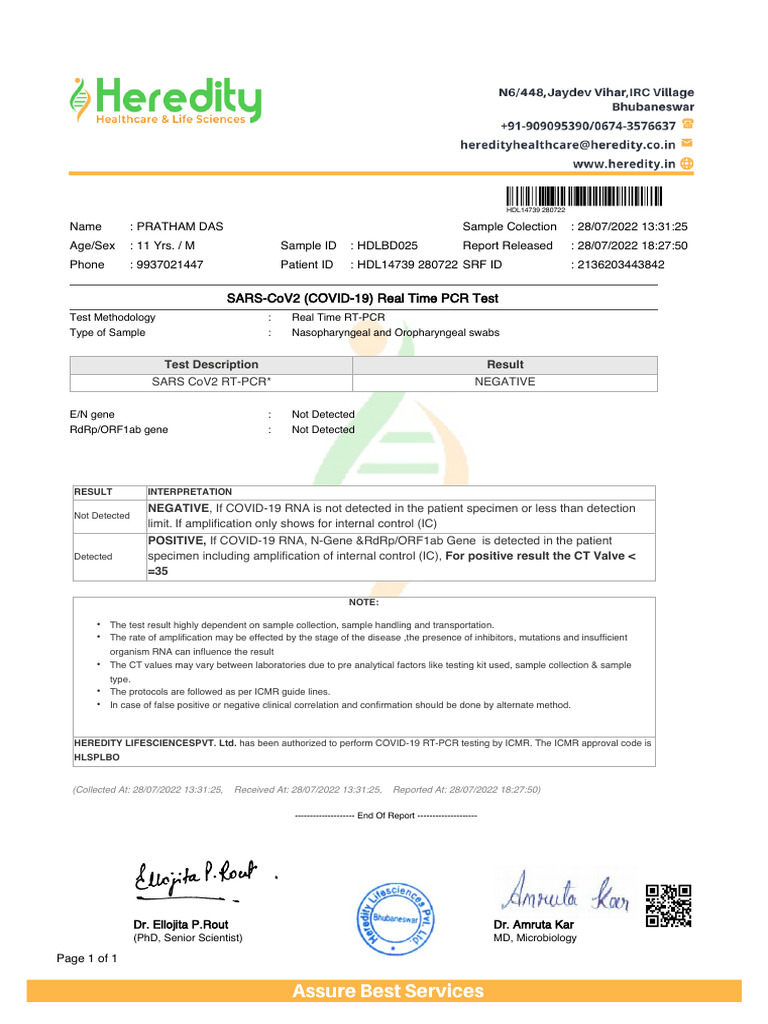 COVID-19 RT-PCR Test Result Report | PDF | Reverse Transcription ...