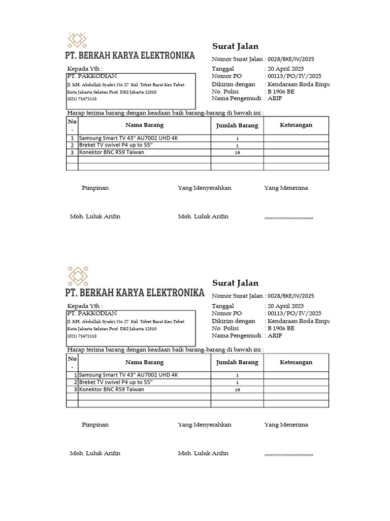 surat jalan PO 113 BKE 20 apr 25 | PDF