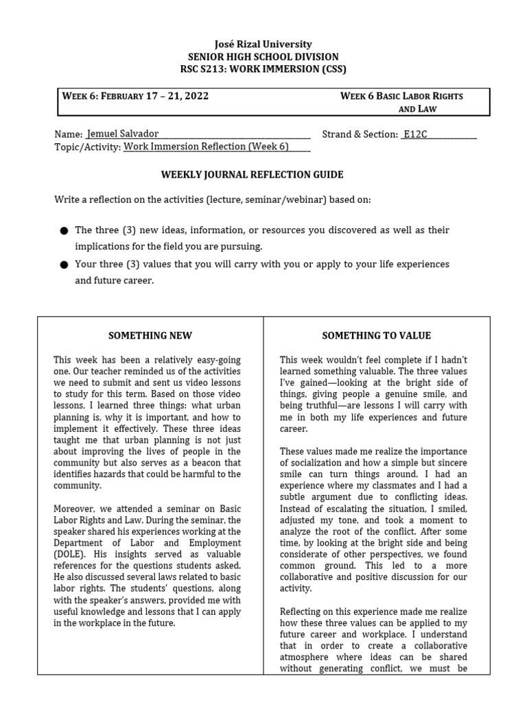 Week 6 - Salvador, Jemuel - Work Immersion Reflection (Week 6) | PDF | Human Communication ...