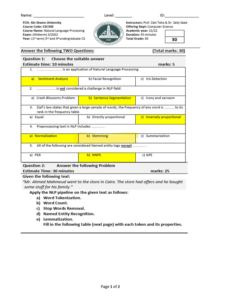 (NLP 22) Midterm (Solution) | PDF | Information Science | Computing