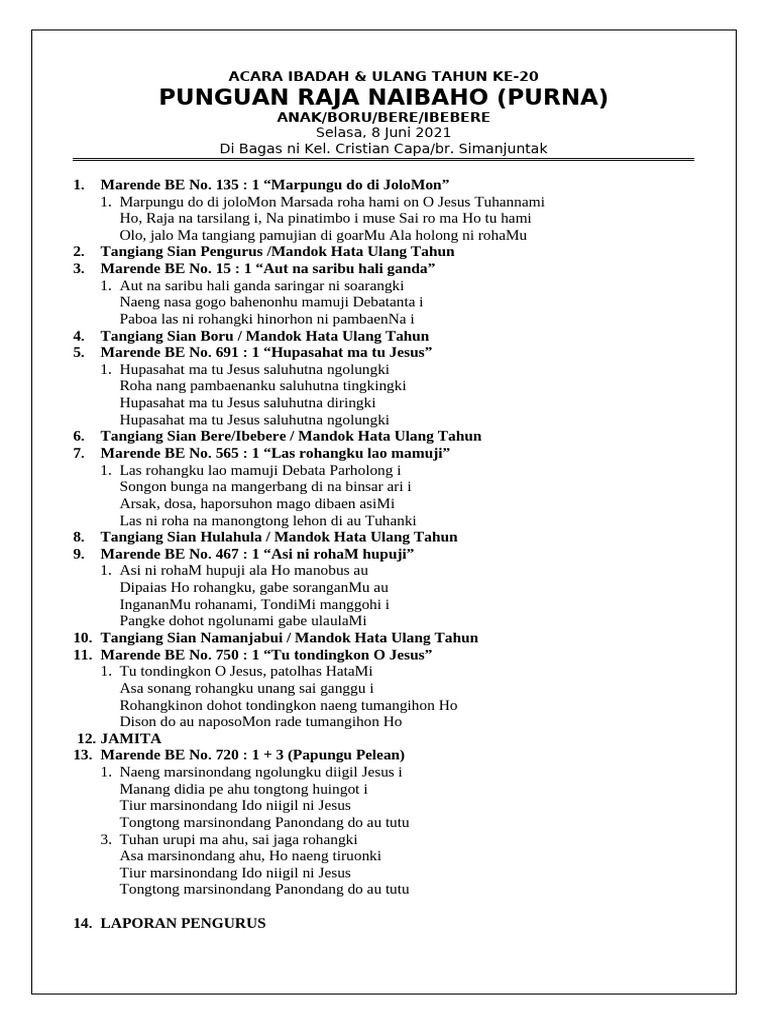 Acara Ibadah & Ulang Tahun Ke-20 Punguan Raja Naibaho (Purna) | PDF