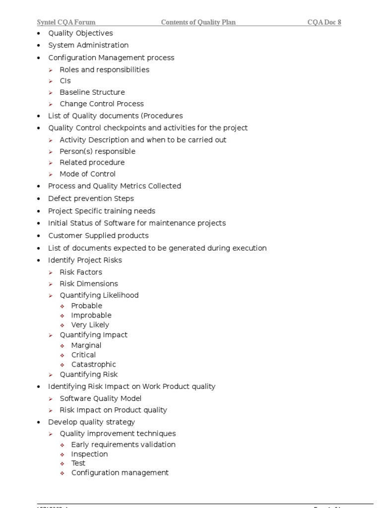 Syntel CQA Forum Contents of Quality Plan CQA Doc 8 | PDF
