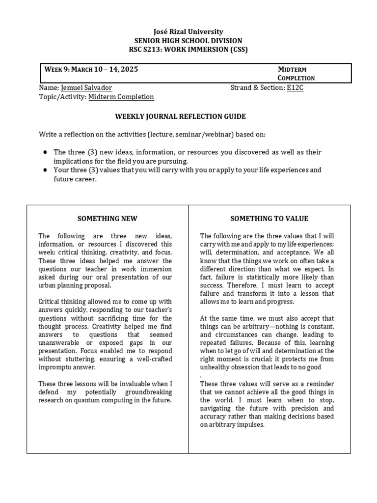 Week 9 - Salvador, Jemuel - Work Immersion Reflection (Week 9) | PDF ...