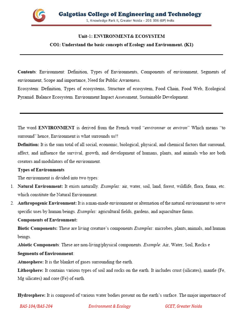 5.1 BAS-104 - Unit 1 Lecture Notes 2024-25 | PDF | Food Web | Biomass ...