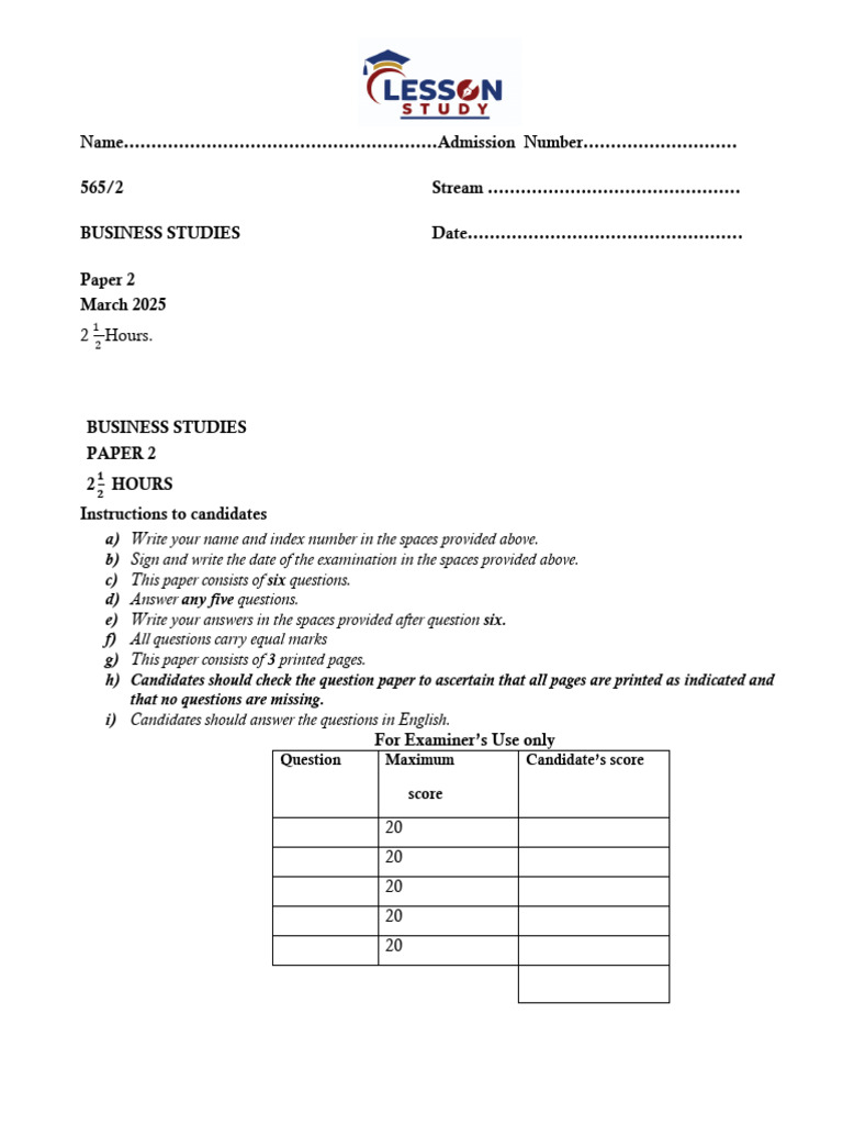 Form 3 Business Studies Exam 2025 | PDF | Sole Proprietorship | Banks