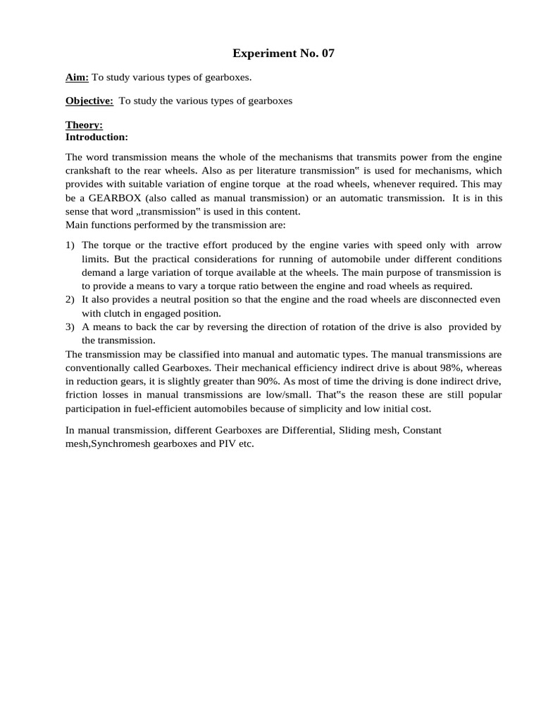 Expt Gear Box | PDF | Gear | Manual Transmission