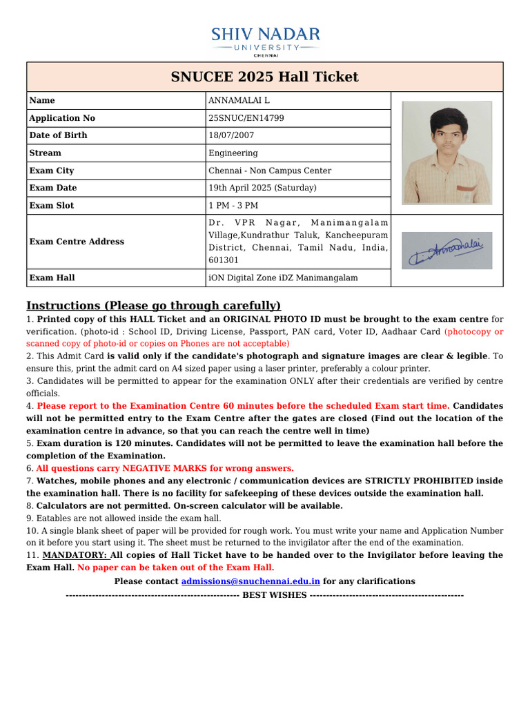 SNUCEE Hall Ticket 25SNUC EN14799 | PDF | Authentication