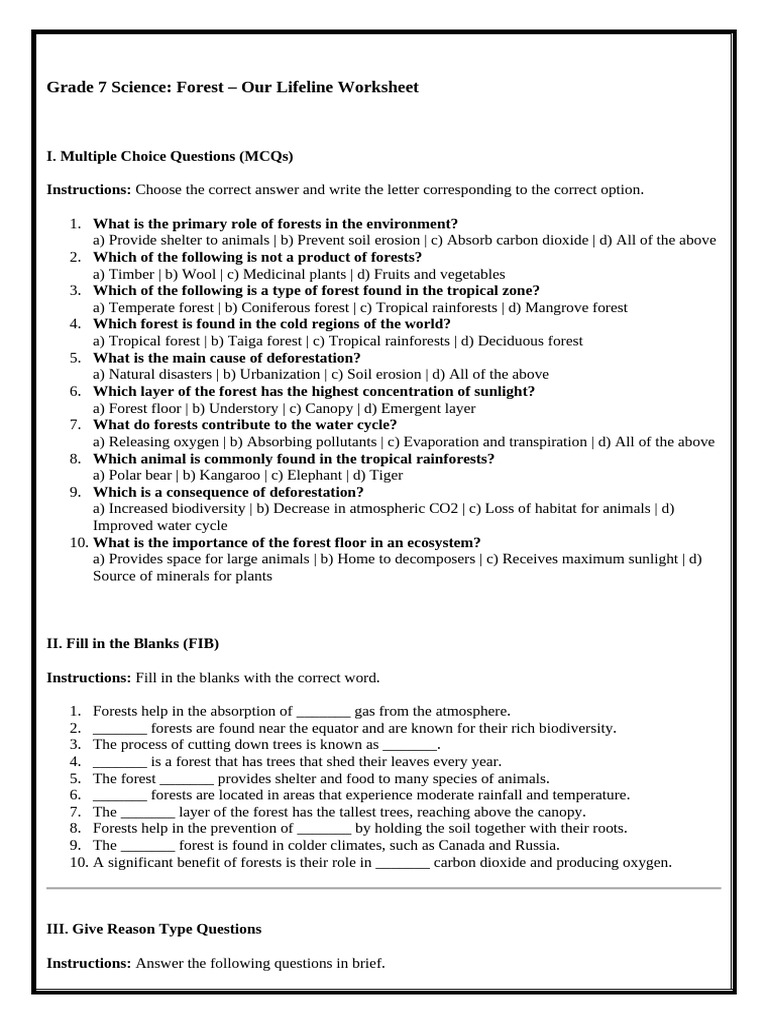 Forest Our Lifeline Worksheet | PDF | Forests | Deforestation