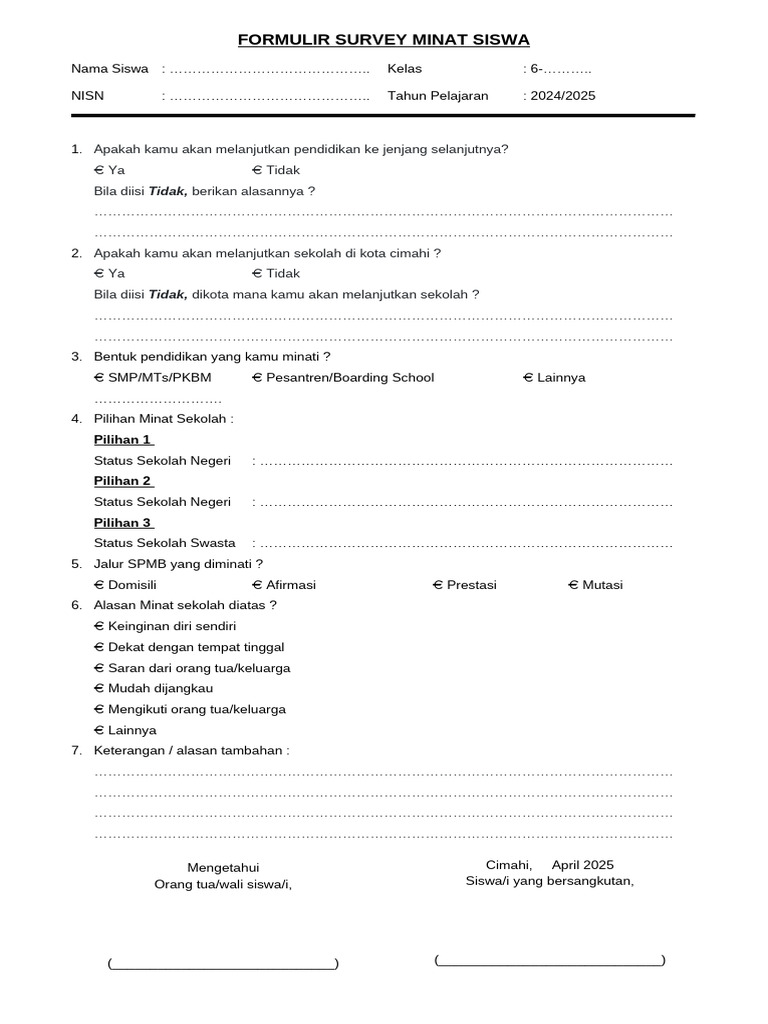 Formulir Survey Minat Siswa | PDF