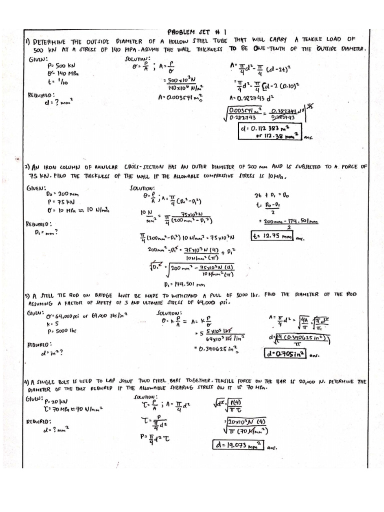 Mechanics of Deformable Bodies Problem set 1 | PDF