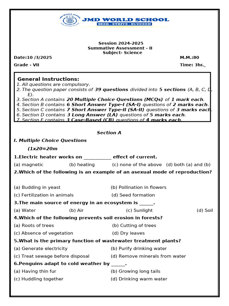 Grade 7 SA-2 Question Paper | PDF | Sewage Treatment | Reproduction
