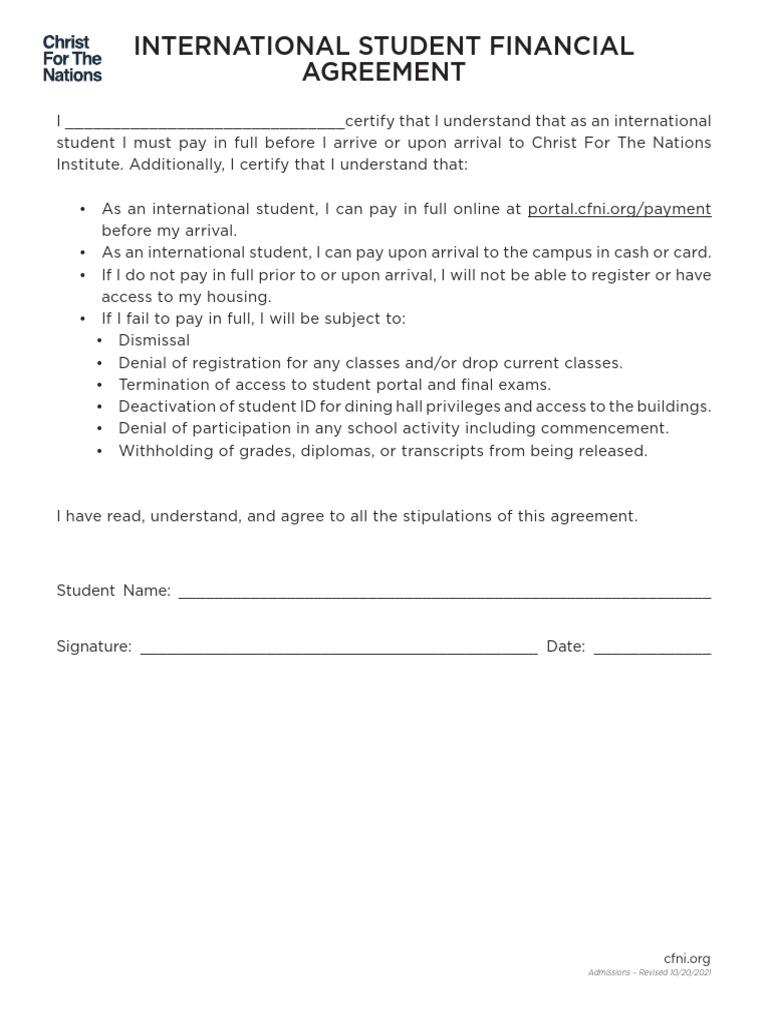 International Student Payment Agreement | PDF
