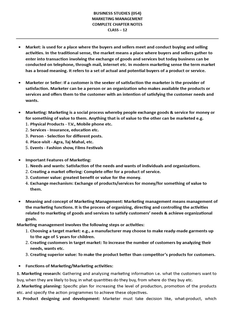 Marketing Management Notes for Class 12 | PDF | Marketing | Sales