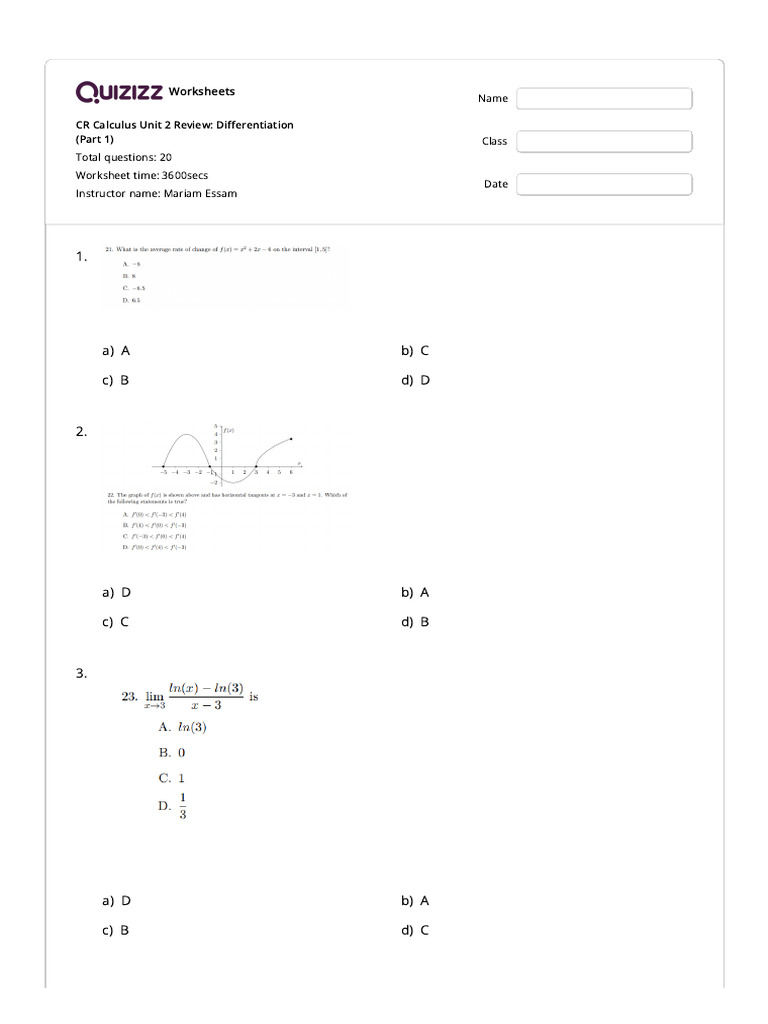 CR Calculus Unit 2 Review - Differentiation (Part 1) - Quizizz | PDF