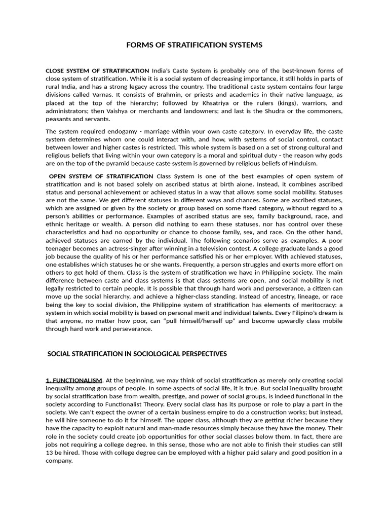 Forms of Stratification Systems | PDF | Caste | Social Stratification
