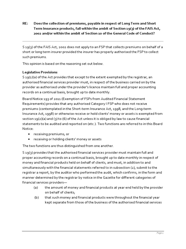 Premium Collection and FAIS Act Compliance | PDF | Insurance | Banks