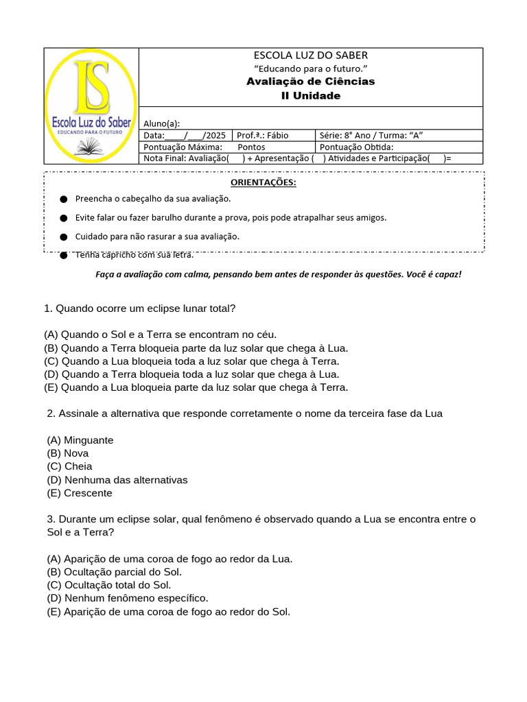 Prova 8º Ano A - 2ºUND ADAPTADA | PDF | Satélite natural | Lua