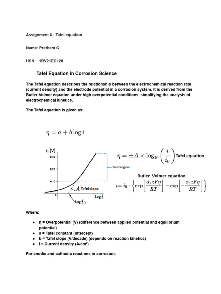 Assignment 6 - Tafel Equation | PDF | Corrosion | Electrochemistry