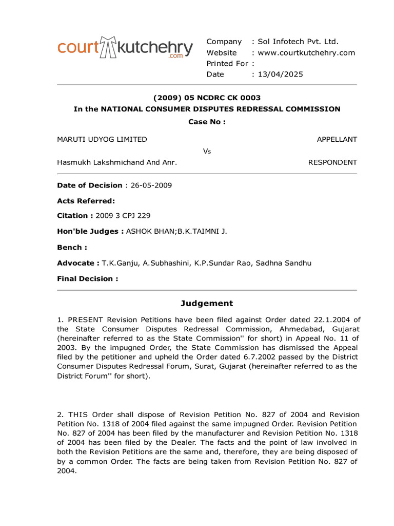 MARUTI UDYOG LIMITED Vs Hasmukh Lakshmichand and Anr. | PDF | Electricity | Complaint