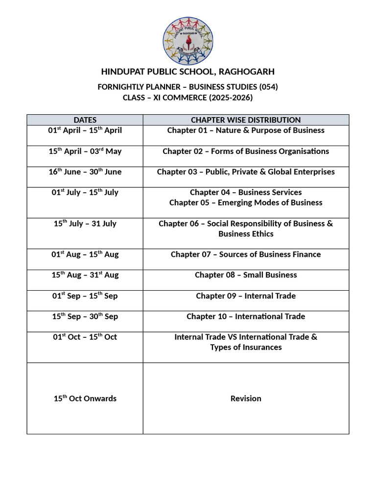HPS XI BS Fortnight Planner | PDF