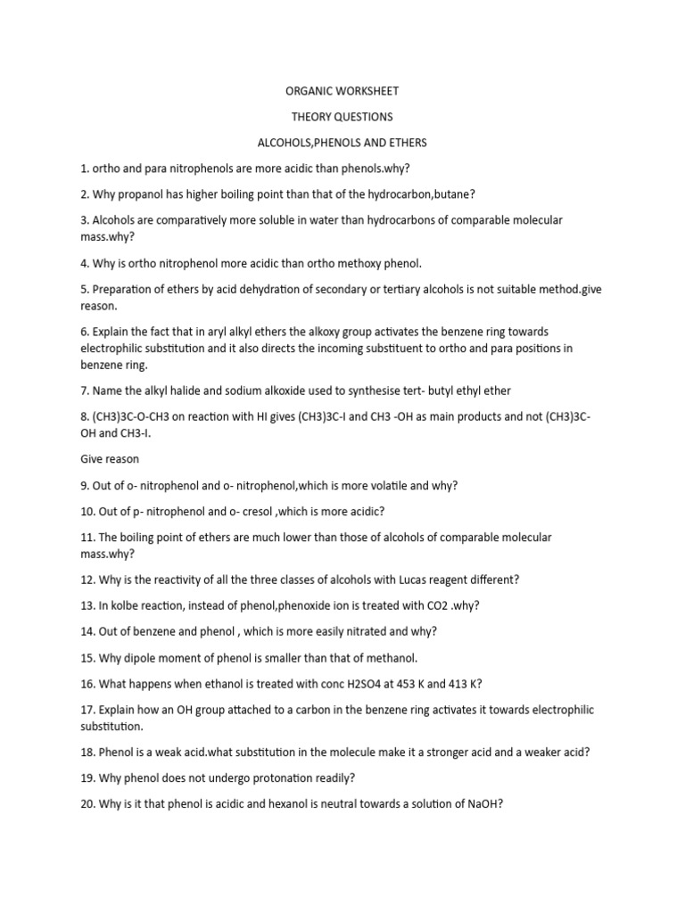 O.T Worksheet (Alcohols, Phenols and Ethers) | PDF | Ether | Molecules