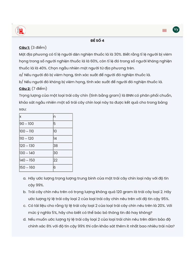 ĐỀ SỐ 4 - XSTK - GK | PDF