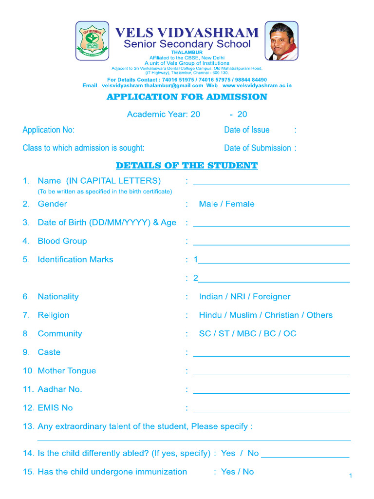 Vels Application Form 2 | PDF
