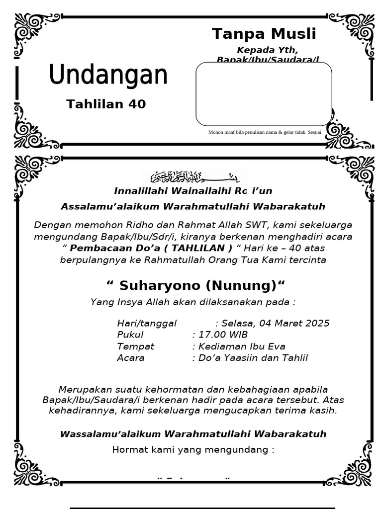 442023805-Contoh-Undangan-Tahlilan-40-Hari-Meningg-doc | PDF