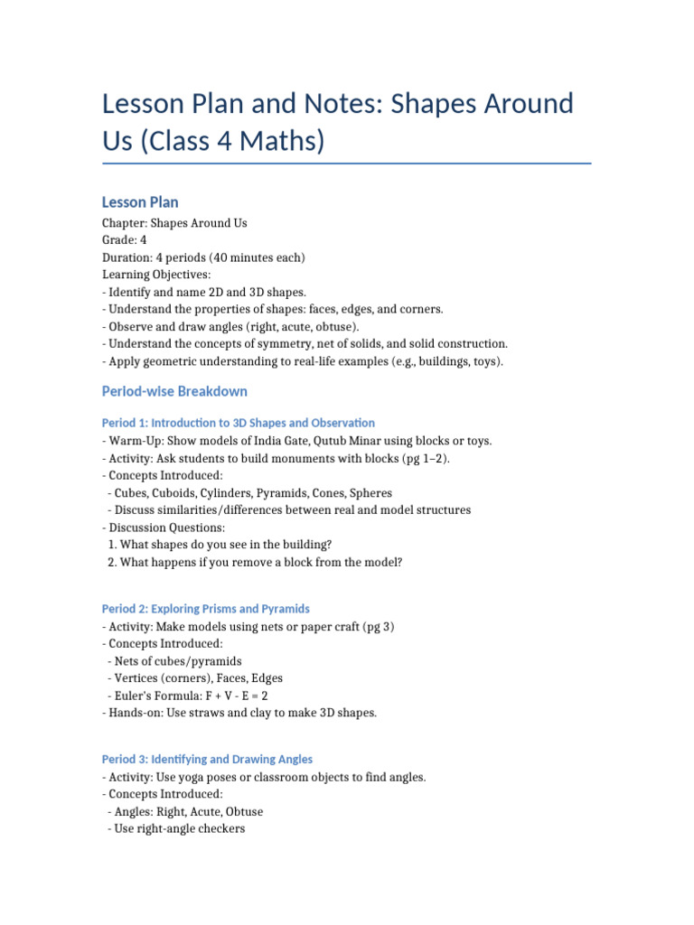 Shapes Around Us Lesson Plan Class4 | PDF | Shape | Triangle