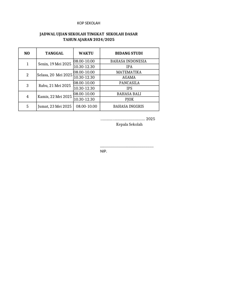 Jadwal Ujian Sekolah 2025 | PDF