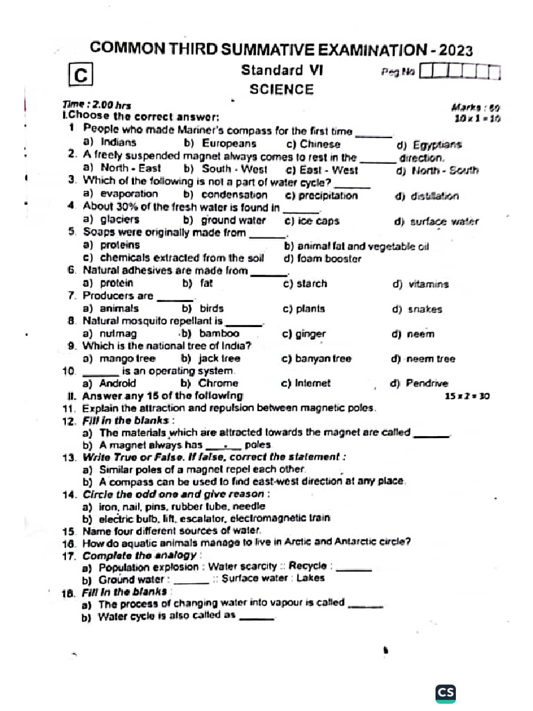 6th Science EM Term 3 Exam 2023 Question Paper English Medium PDF ...