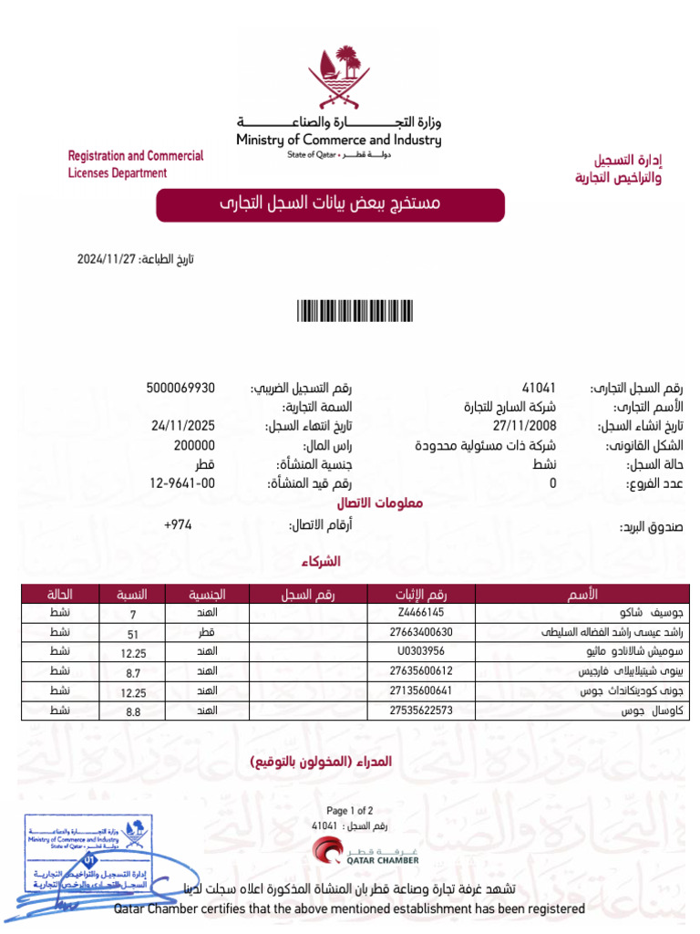 Qatar Commercial Registration Document | PDF