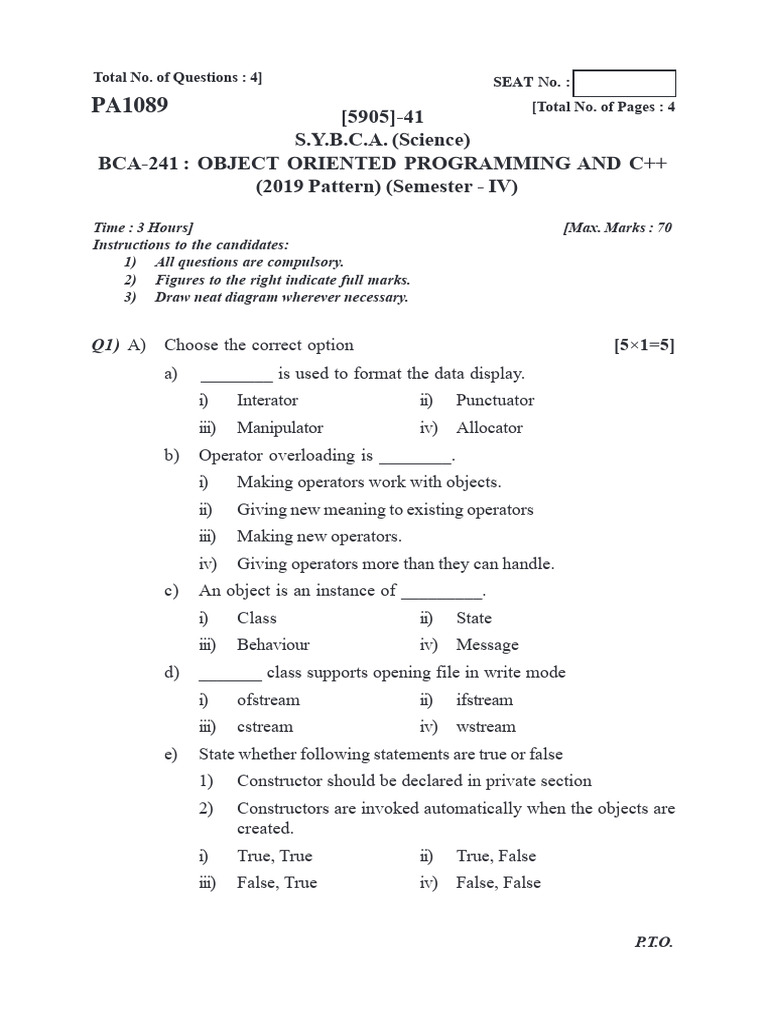 BCA SEM4 OCT 2022 Question Papers | PDF | Programming | Constructor (Object Oriented Programming)